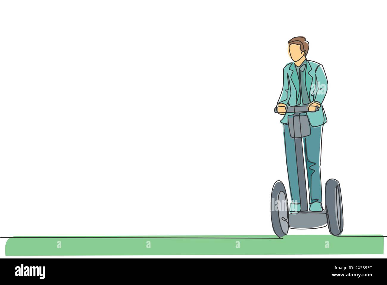 Single continuous line drawing young happy businessman riding kick ...