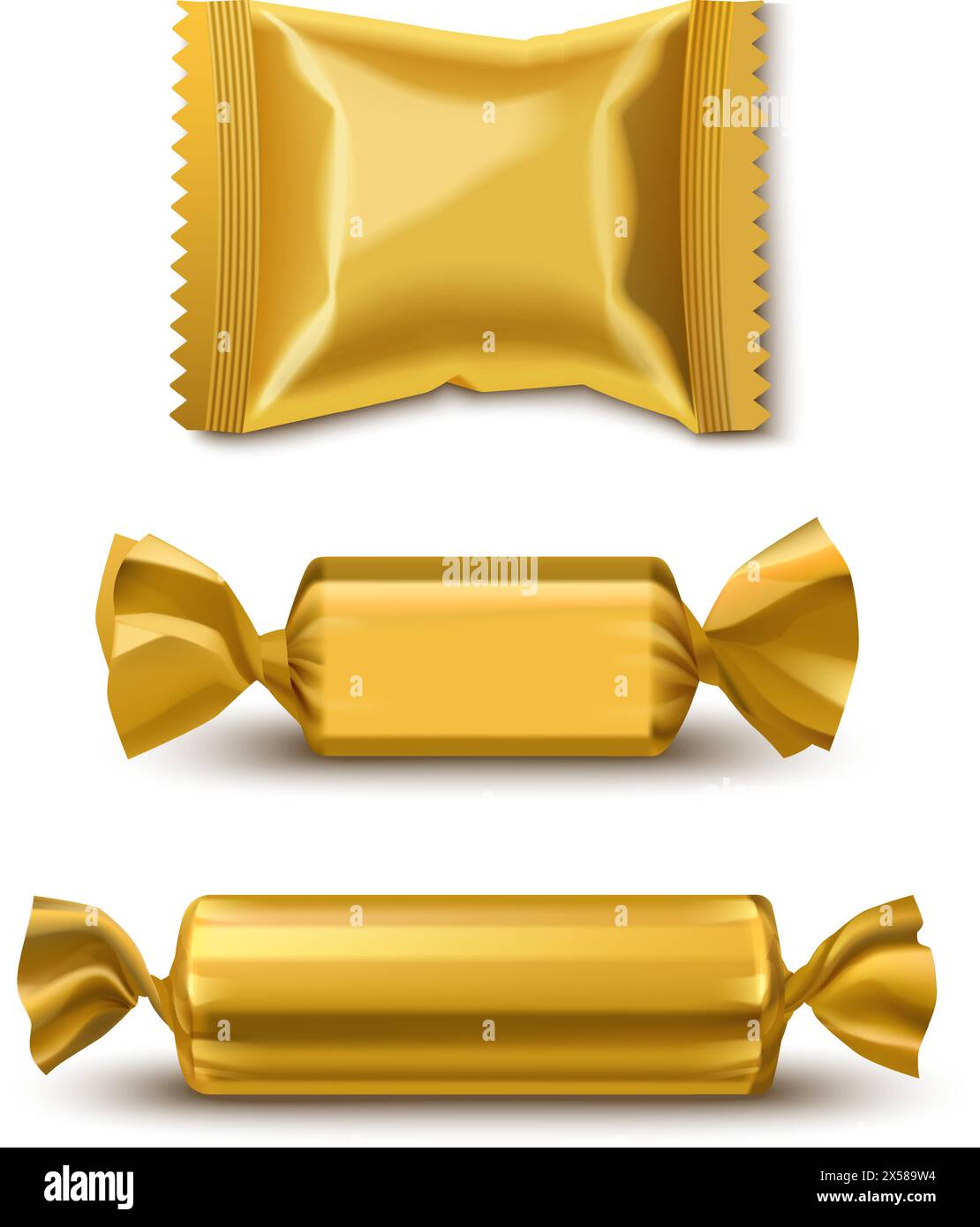 Gold chocolate candy package mockup. Pouch pack for wafer confectionery ...