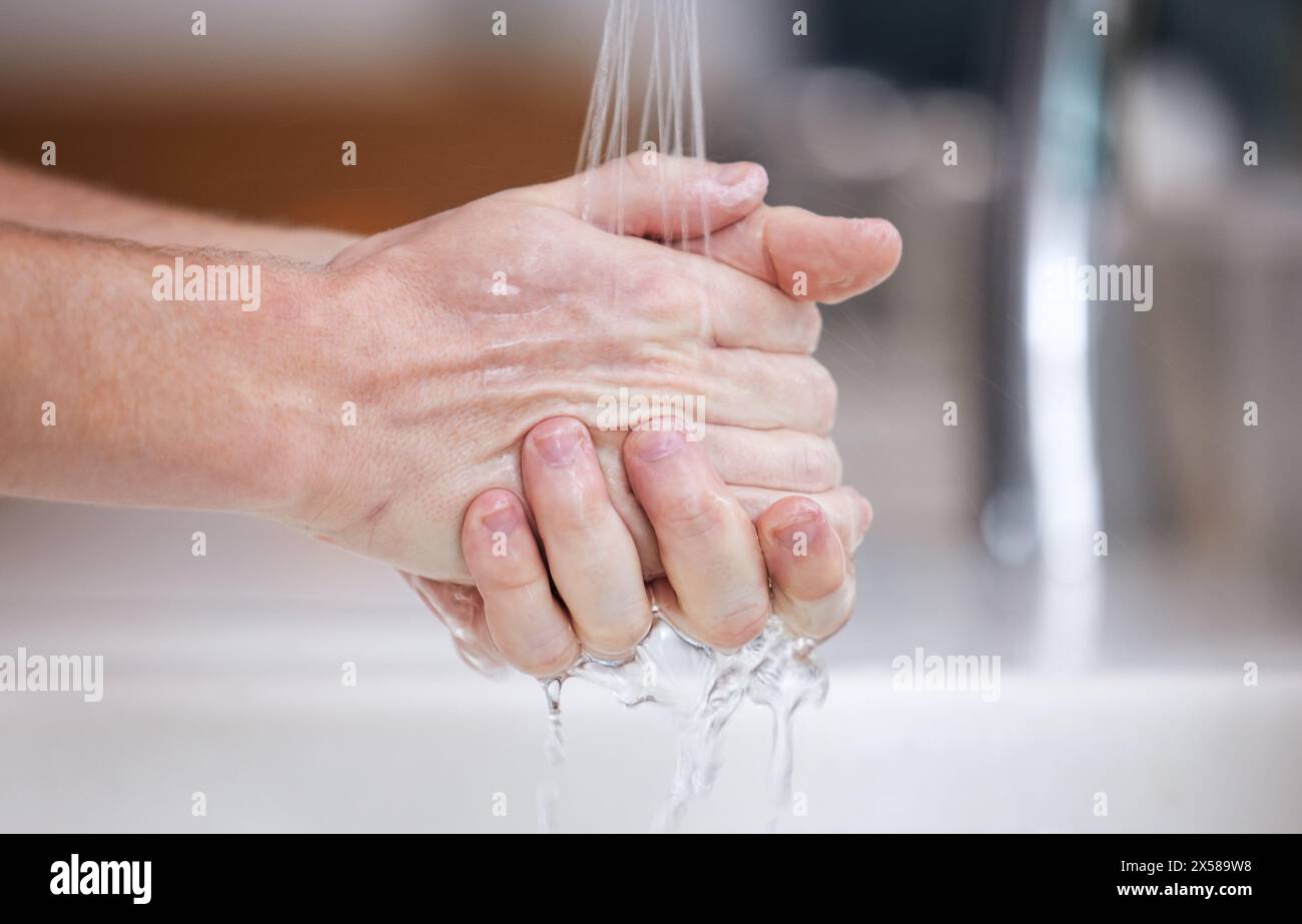 Handwashing, water and cleaning hands in bathroom for safety from germs ...