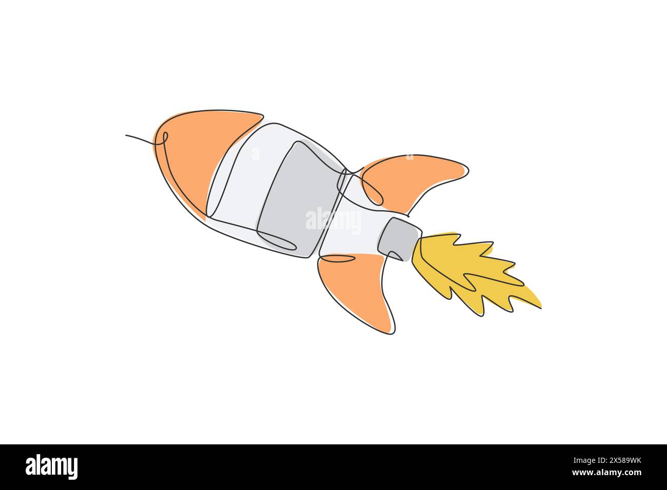 Single continuous line drawing rocket launch fly into the sky universe ...