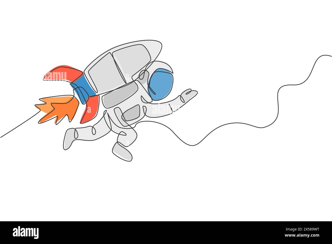 One continuous line drawing spaceman astronaut science discovering cosmos galactic with rocket ...
