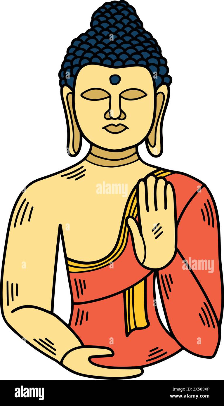 A drawing of a Buddha statue with a hand on its chest. The statue is in ...