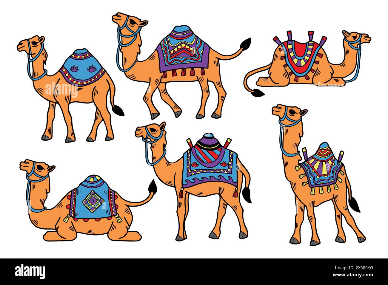 A set of black and white drawings of camels with different colored ...