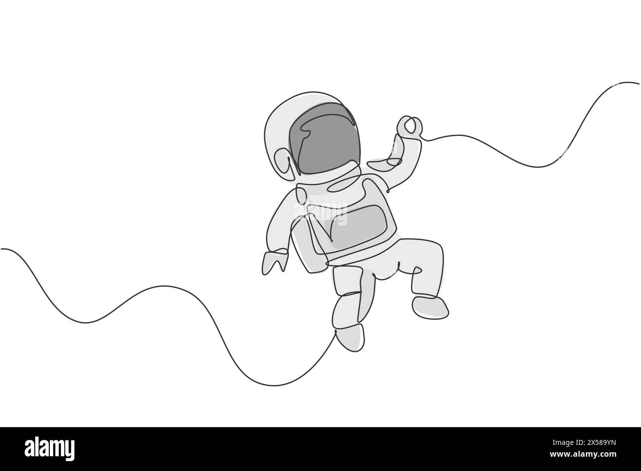 One Single Line Drawing Of Young Astronaut In Spacesuit Flying At Outer Space Vector