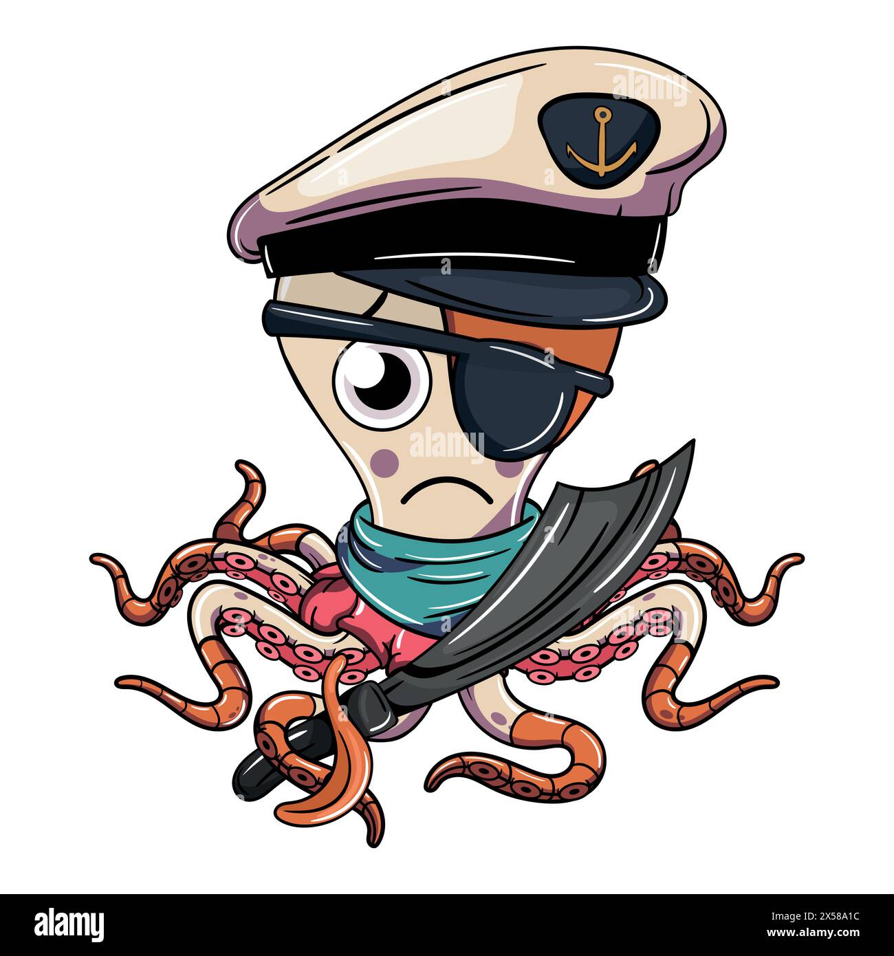 Octopus cartoon comic captain sailor cyborg with a pirate patch, and a ...