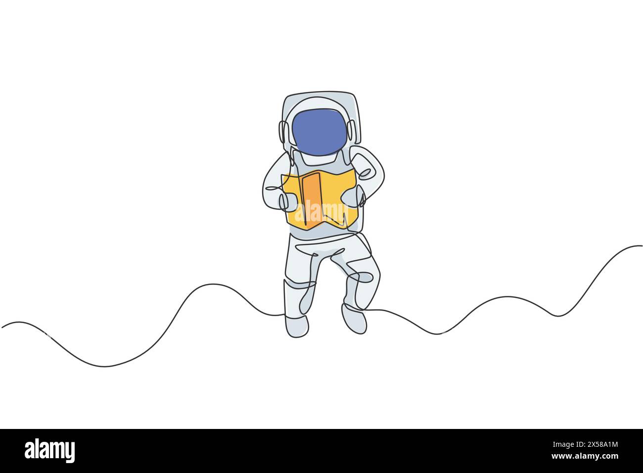Single Continuous Line Drawing Floating Science Astronaut In Spacewalk Reading Map Navigator