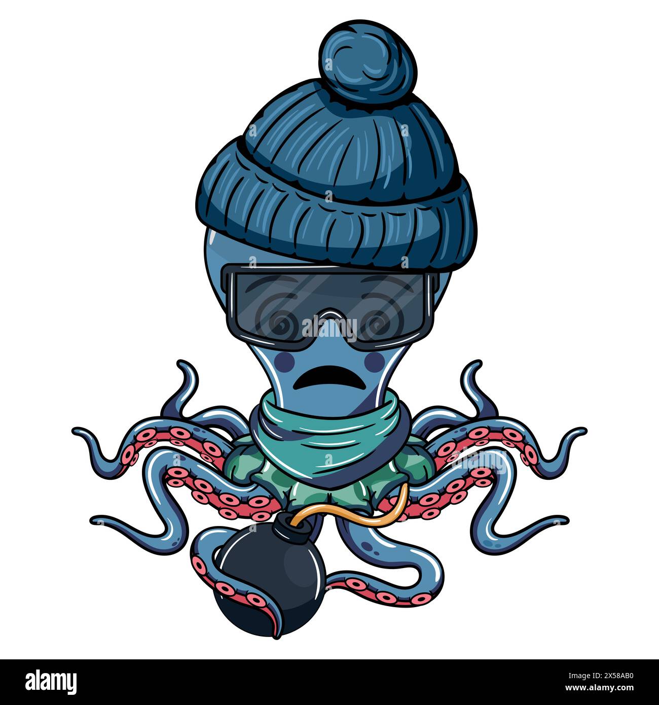 Cartoon character of a disoriented gang member octopus with a bomb in ...