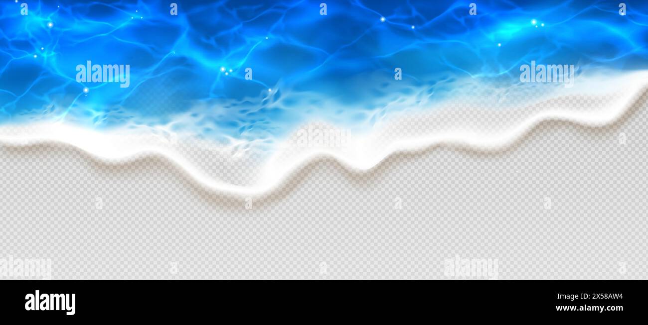 Top view on sea or ocean blue water wave with white foam on transparent ...