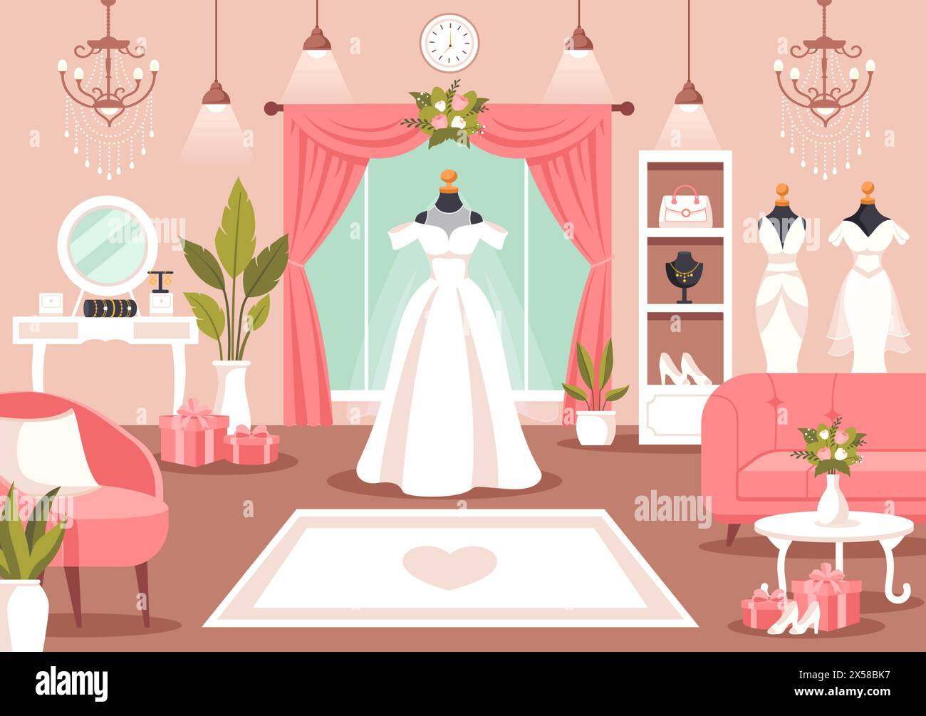 Wedding Shop Vector Illustration with Lover Looking for Jewellery ...