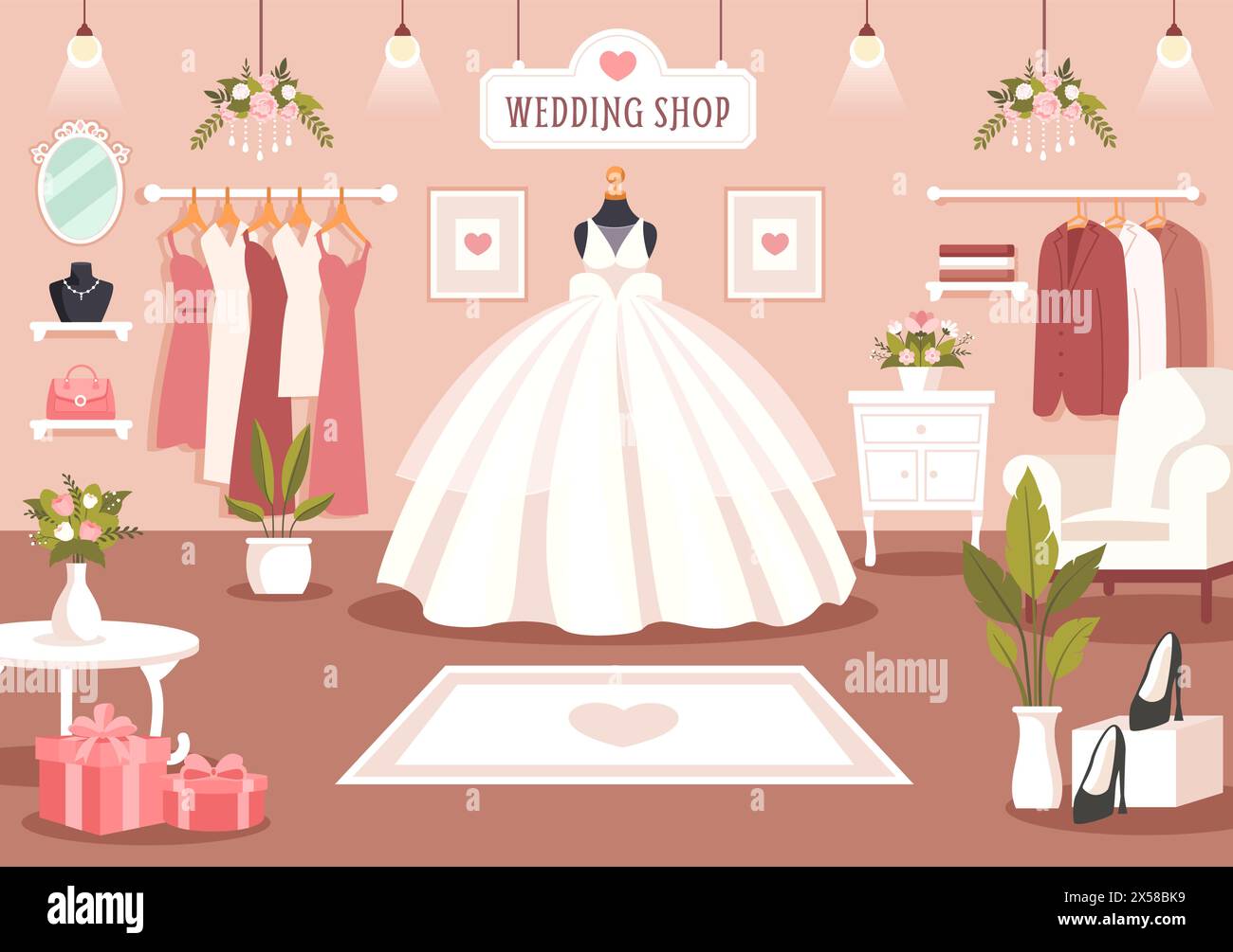 Wedding Shop Vector Illustration with Lover Looking for Jewellery ...