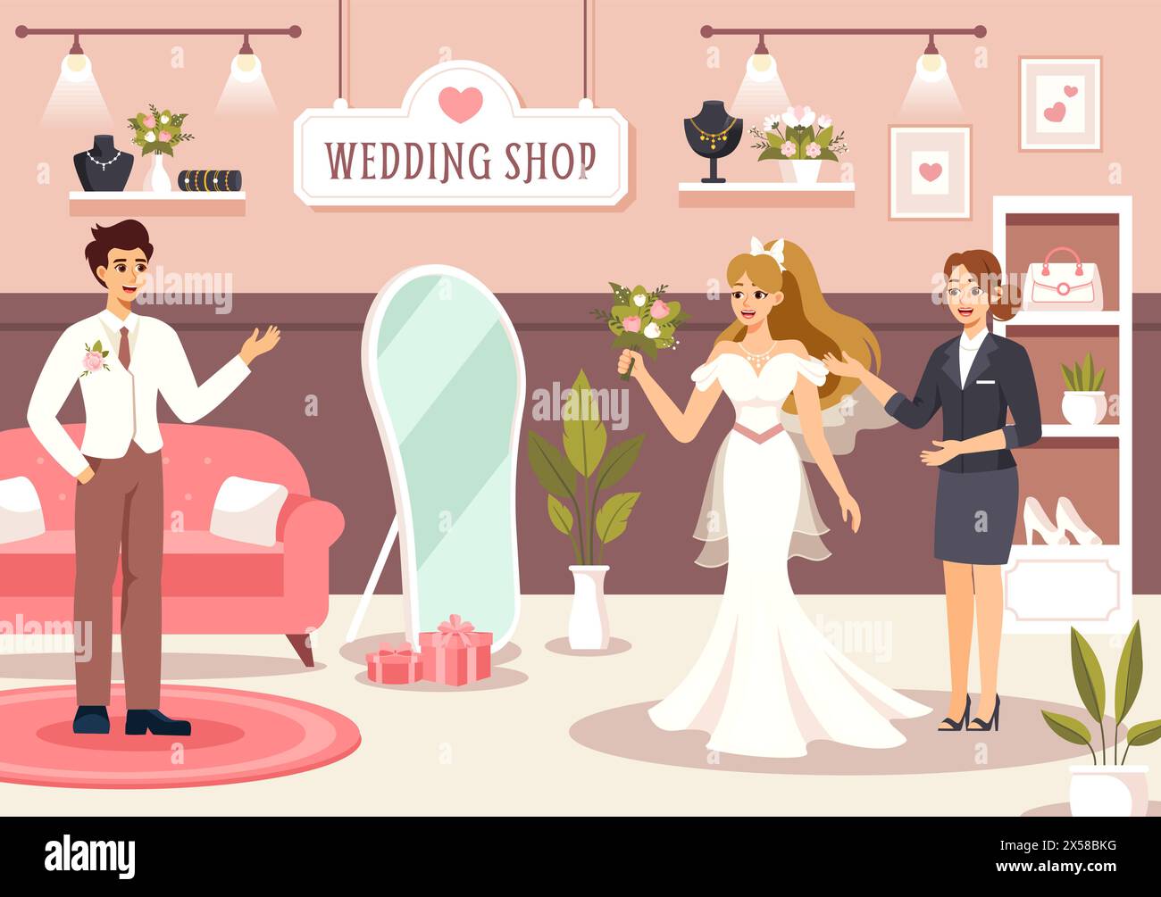 Wedding Shop Vector Illustration with Lover Looking for Jewellery ...