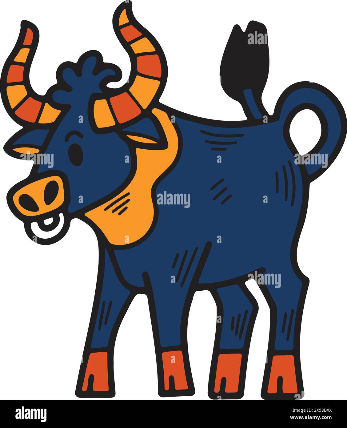 A cartoon cow with horns and a big mouth. The cow is standing in a ...