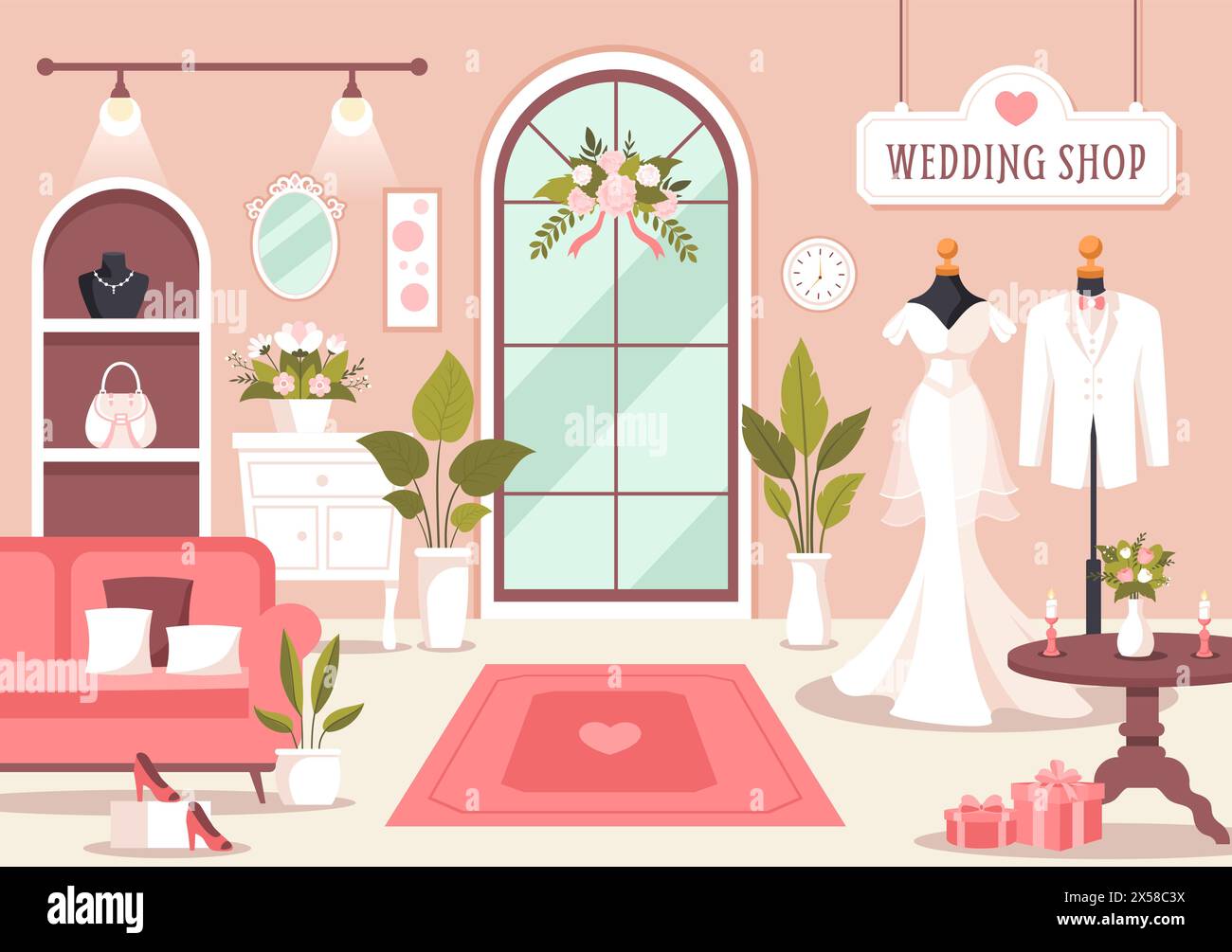 Wedding Shop Vector Illustration with Lover Looking for Jewellery ...
