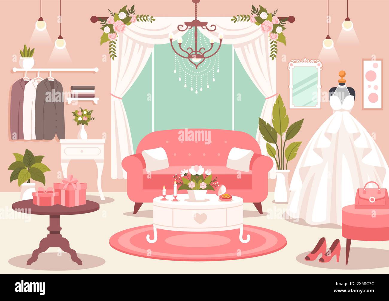 Wedding Shop Vector Illustration with Lover Looking for Jewellery ...
