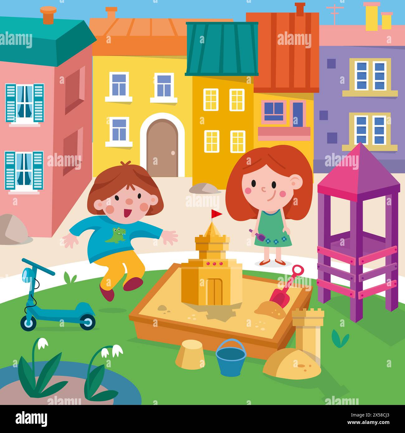 Children on playground in summer. Sandbox and castle. Cartoon ...