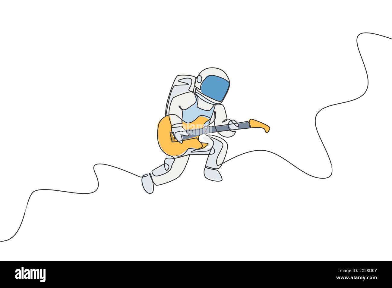 One continuous line drawing of astronaut with spacesuit playing ...