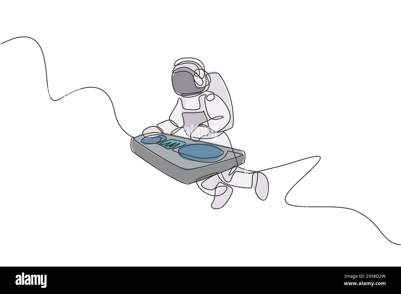 Single continuous line drawing of astronaut playing dj audio mixer musical instrument in cosmic ...