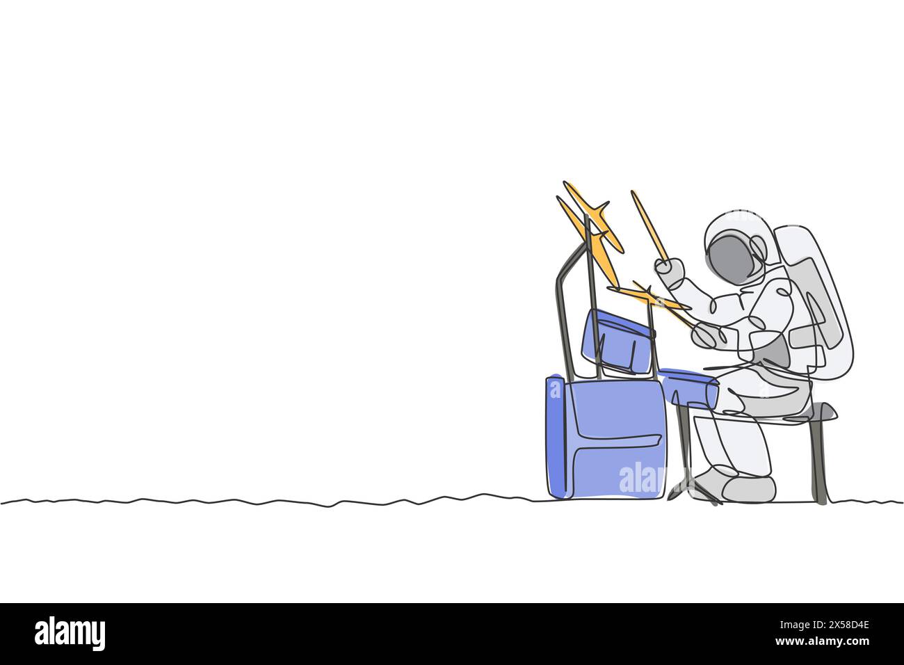 One single line drawing of spaceman drummer playing drum set musical ...