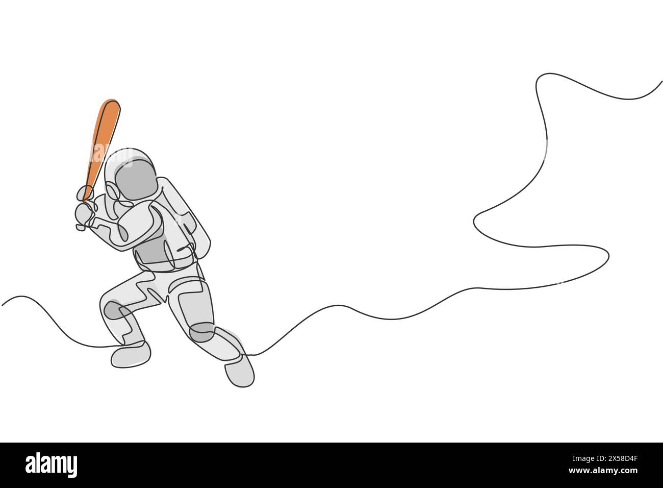 One continuous line drawing of astronaut playing baseball in deep space ...