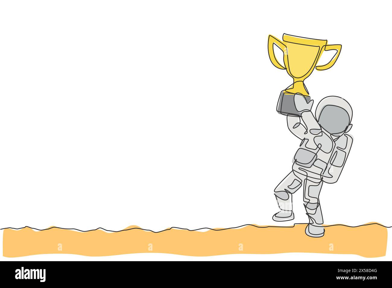 One single line drawing of spaceman astronaut holding winning trophy in ...