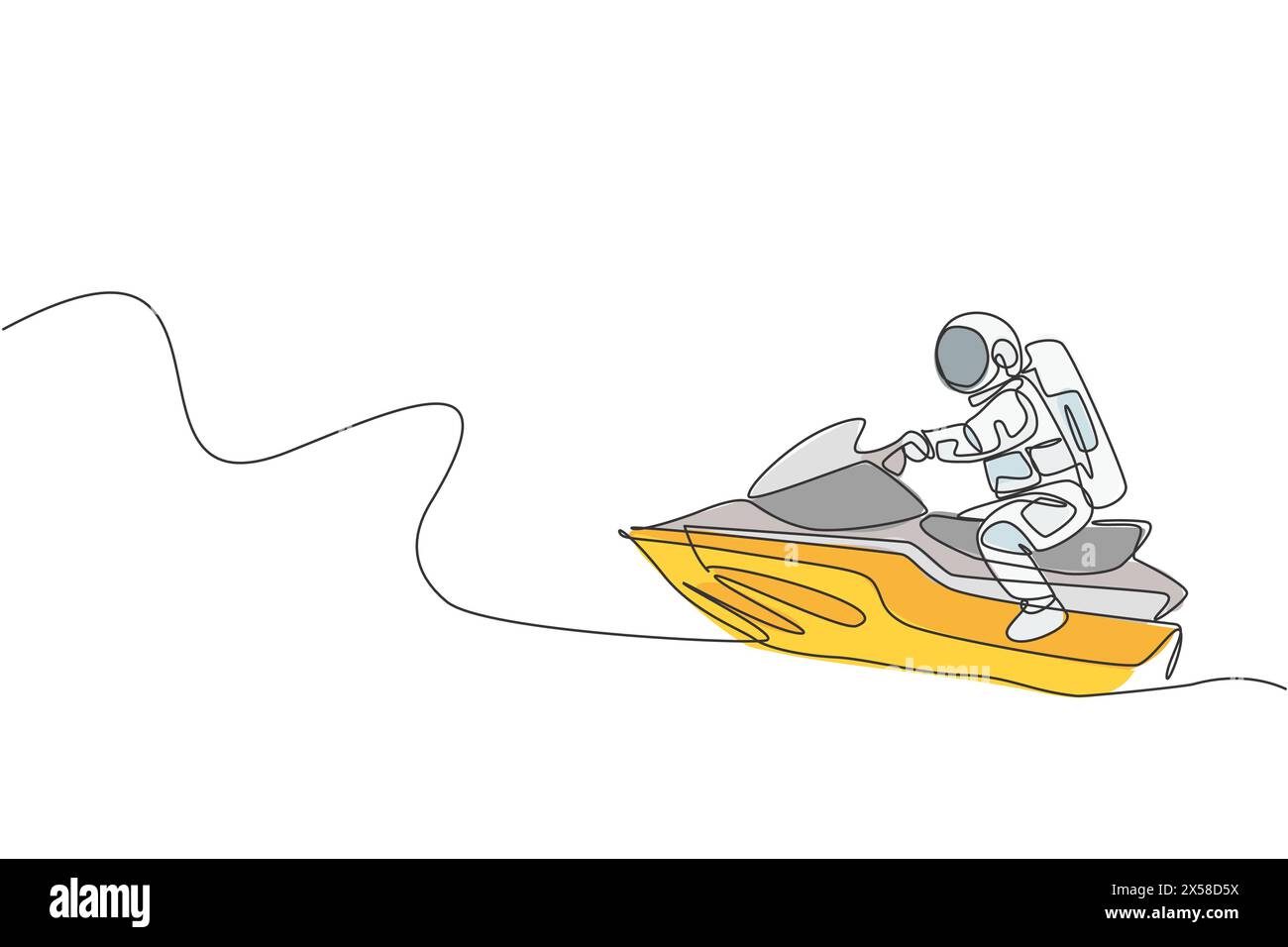 Single Continuous Line Drawing Of Astronaut Exercise Jetski On Moon Surface Outer Deep Space