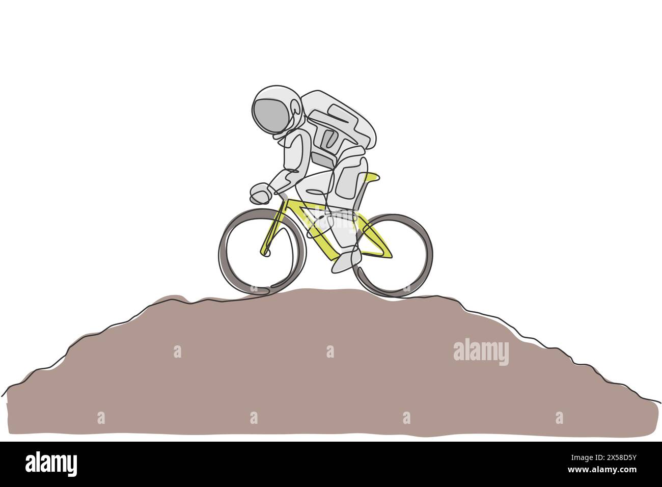 One single line drawing of spaceman astronaut practice bicycle on moon ...