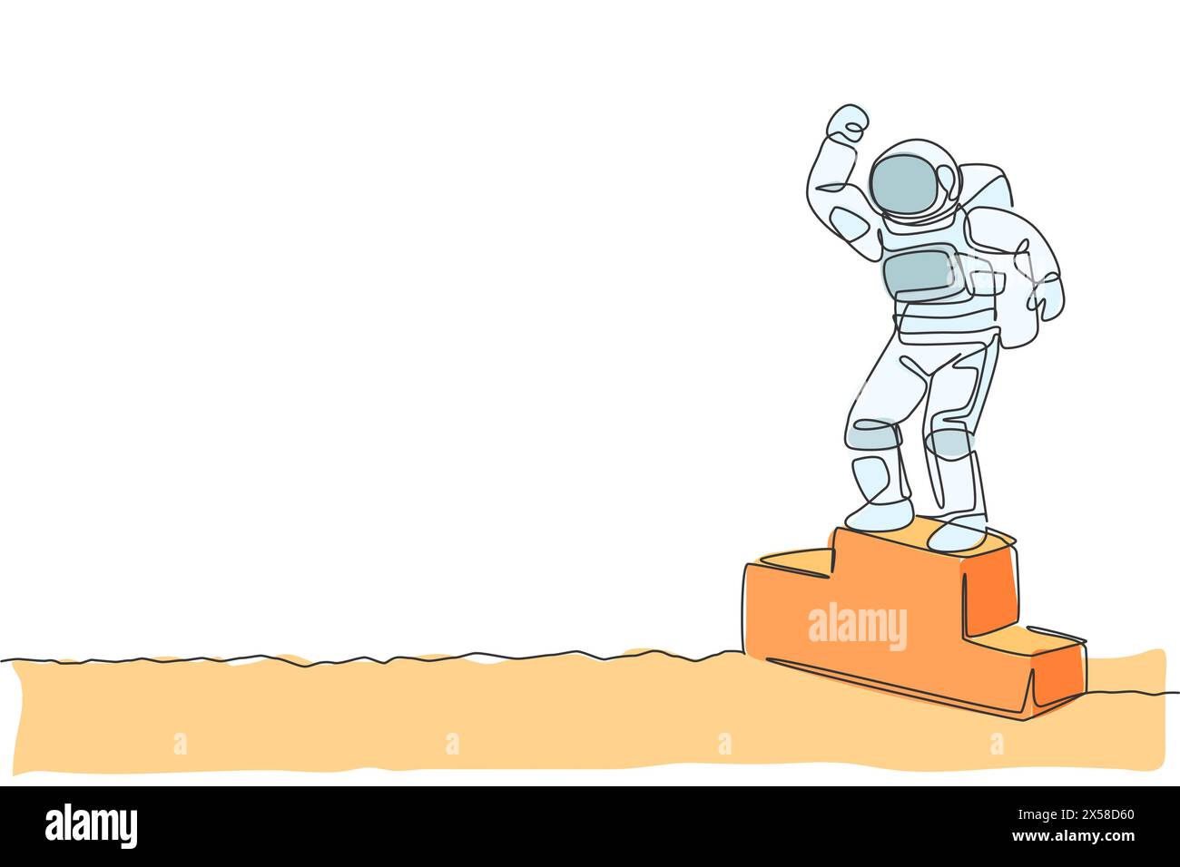 One continuous line drawing of astronaut standing on first place podium ...