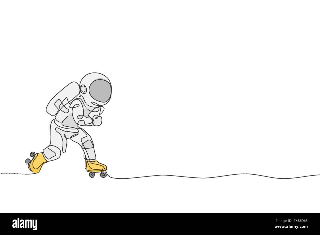 One continuous line drawing of astronaut using roller skates on moon ...
