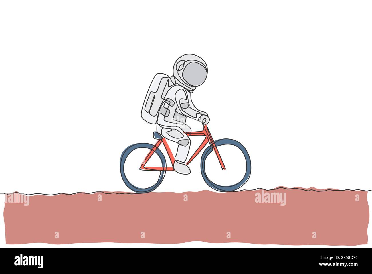 One single line drawing of spaceman astronaut riding bicycle on moon ...