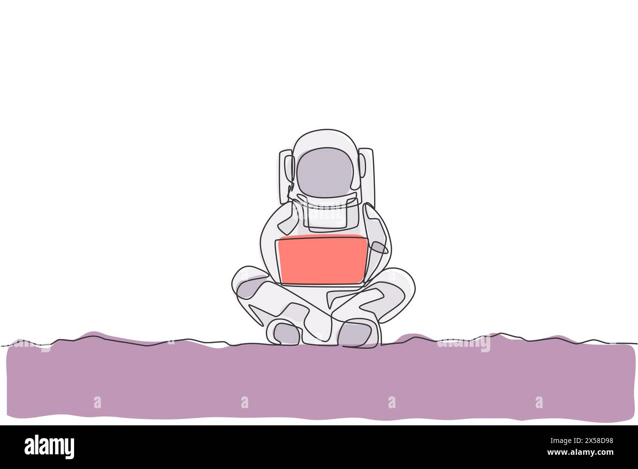 One continuous line drawing of young spaceman on spacesuit sitting in ...