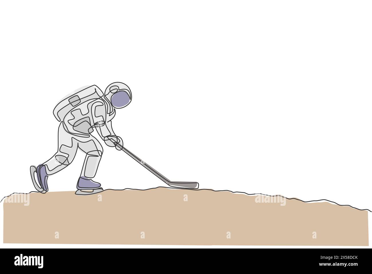 One continuous line drawing of astronaut training ice hockey on moon surface, deep space galaxy ...