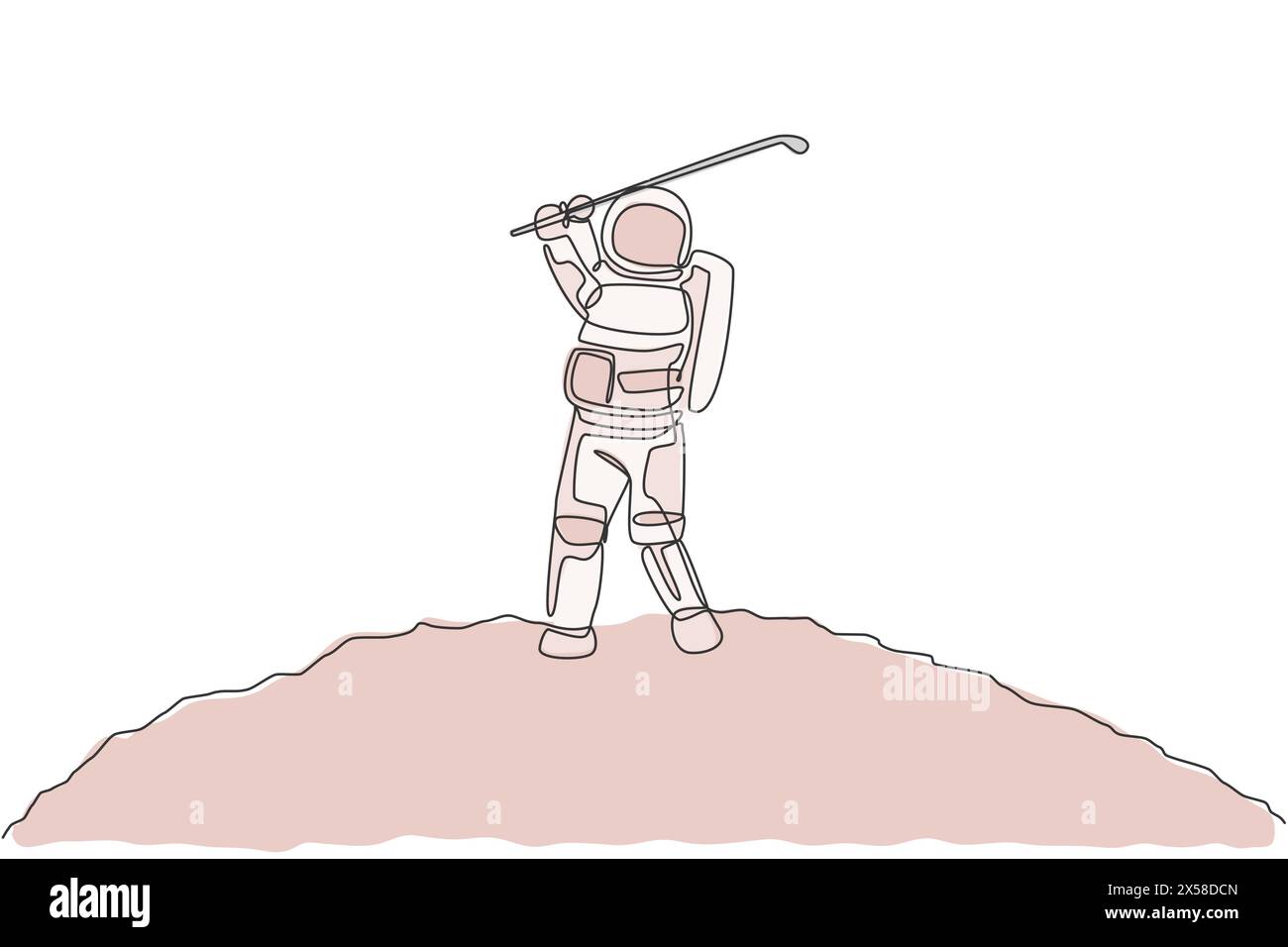 One continuous line drawing of astronaut golf training on moon surface, deep space galaxy ...