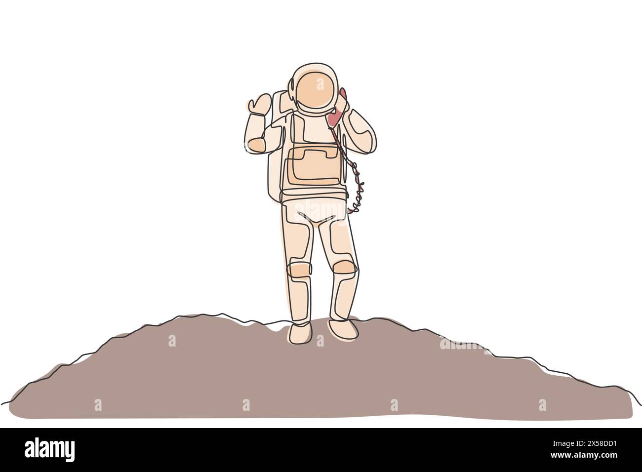 Single continuous line drawing of astronaut in moon surface calling ...