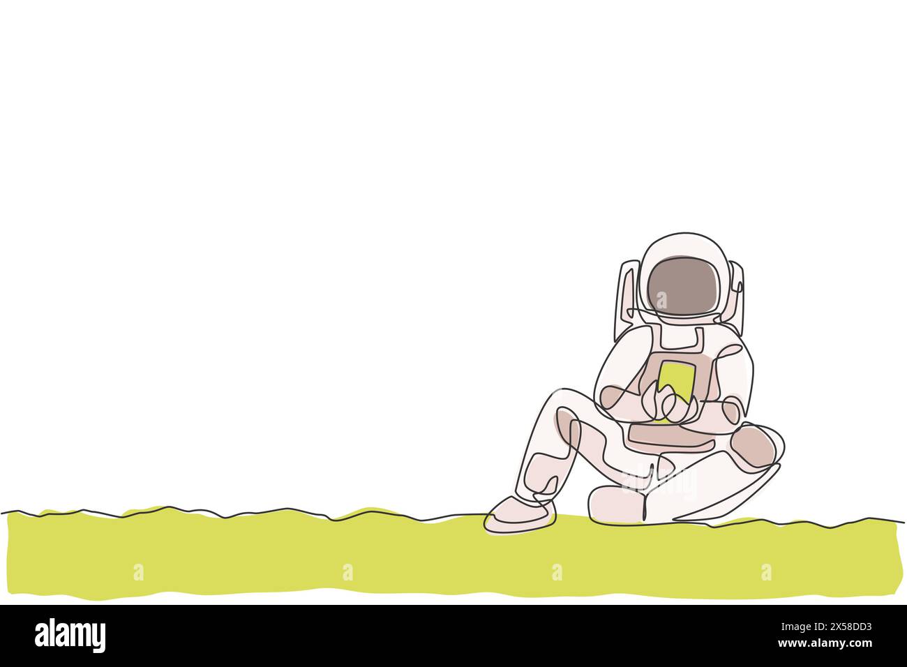 One continuous line drawing of young spaceman on spacesuit siting relax ...