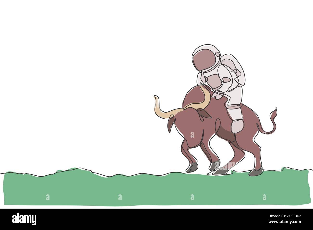 One continuous line drawing of spaceman take a walk riding an angry ...