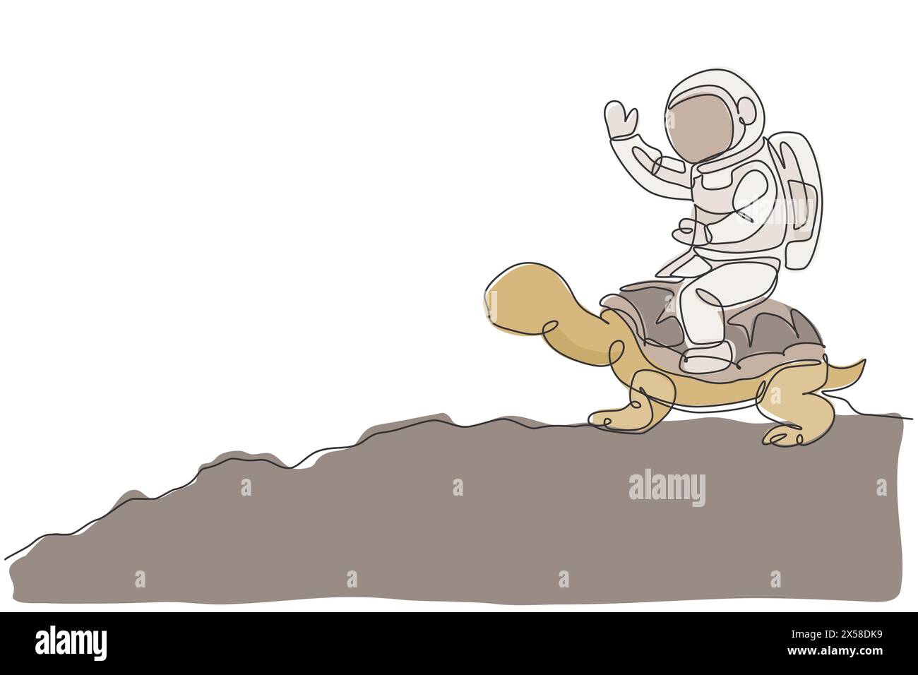 One continuous line drawing of spaceman take a walk riding a tortoise ...
