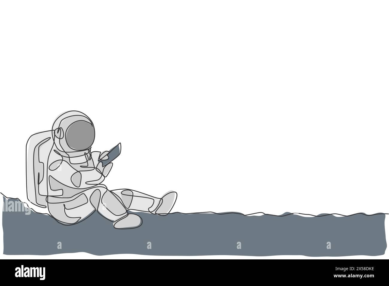 Single continuous line drawing of astronaut siting on moon surface and ...