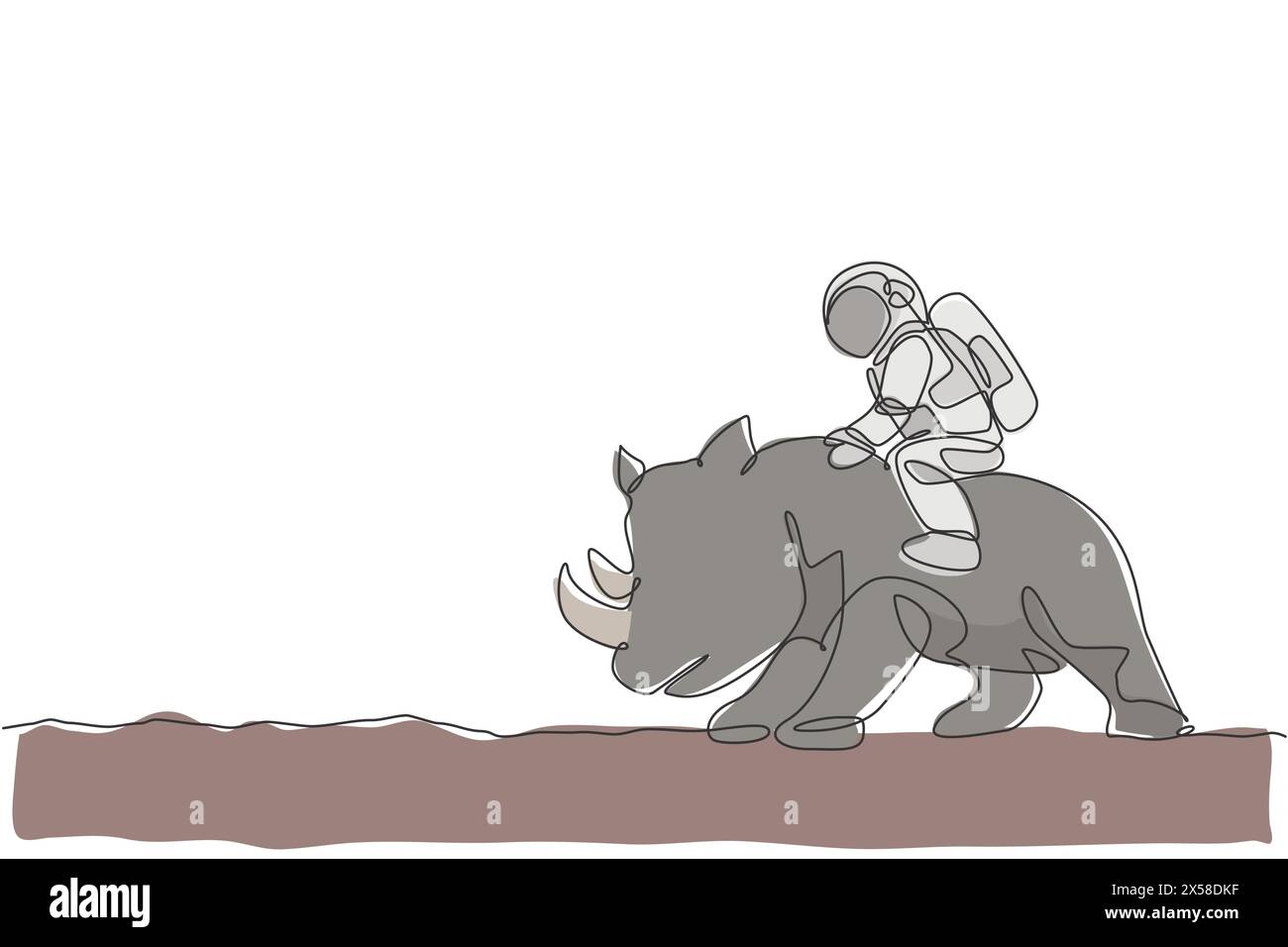 One continuous line drawing of spaceman take a walk riding a rhinoceros ...