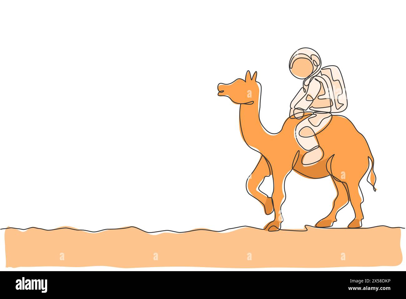 One single line drawing of astronaut riding Arabian camel, pet animal ...