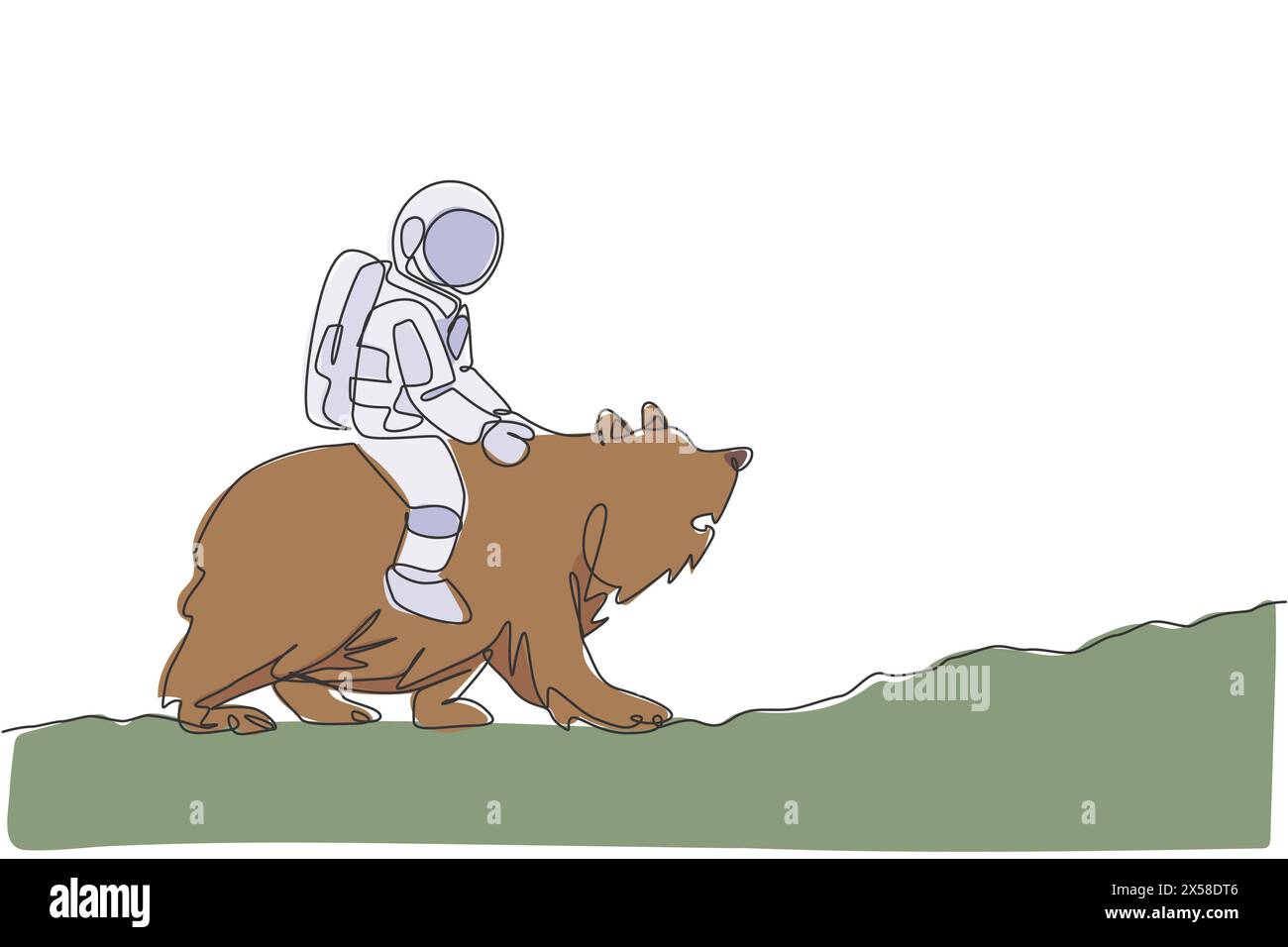 Single continuous line drawing of cosmonaut with spacesuit riding bear ...