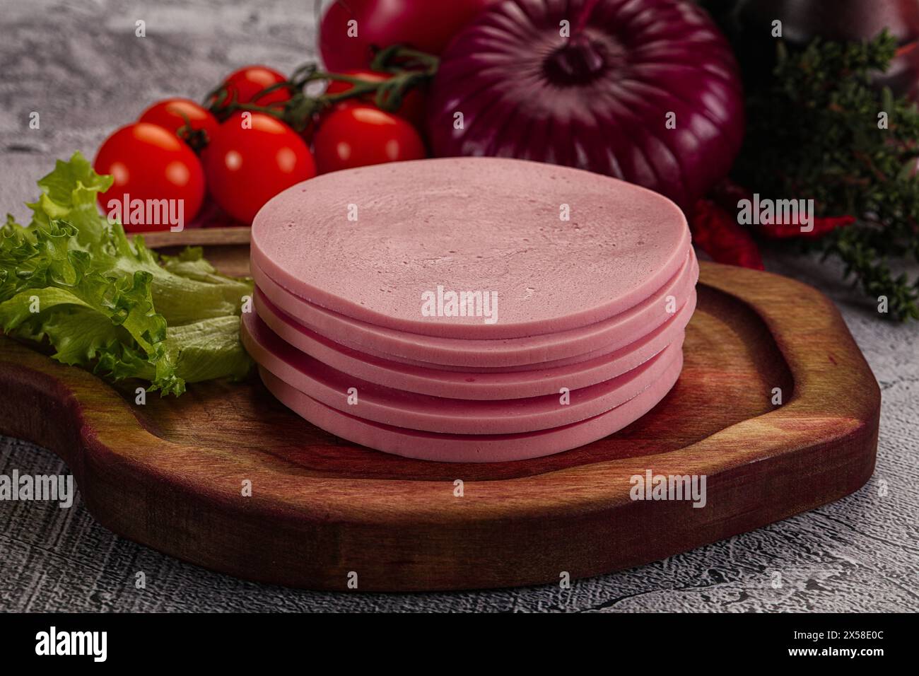 Boiled pork sliced sausage stack for breakfast Stock Photo - Alamy