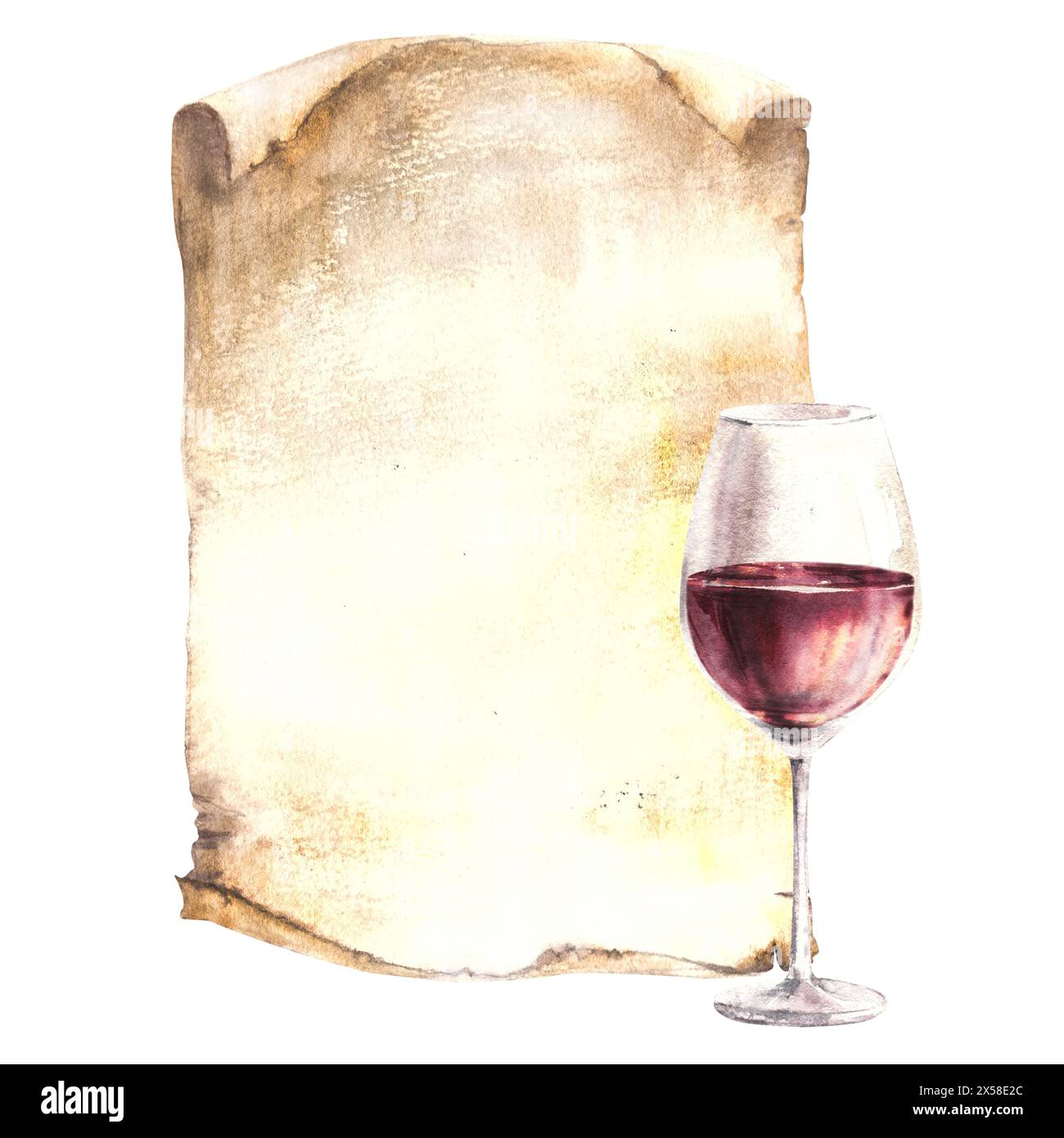 Glass of red wine, drink against old papyrus leaf, vintage paper ...