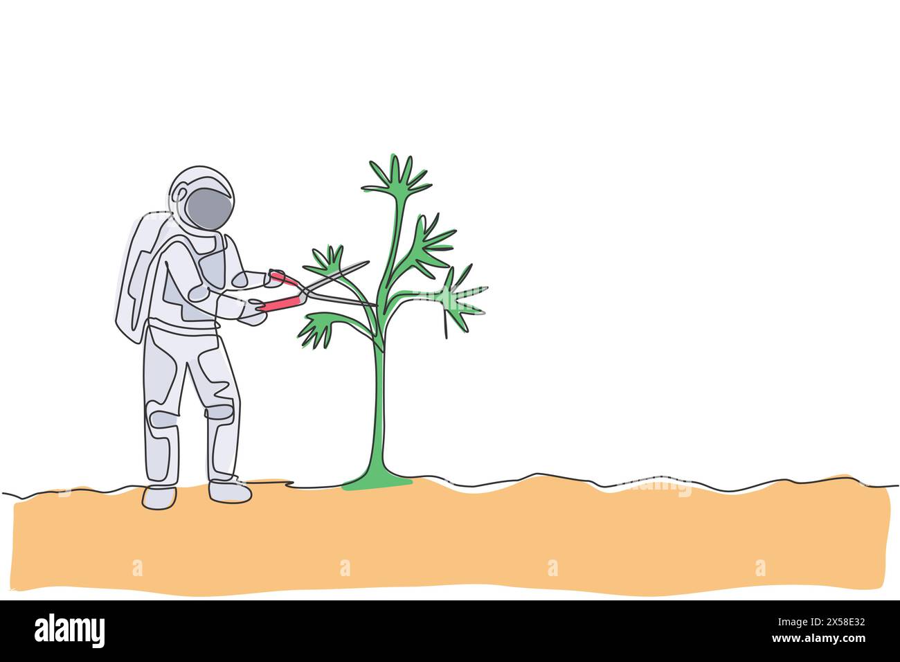 One single line drawing of astronaut cutting tree leaf using gardening ...