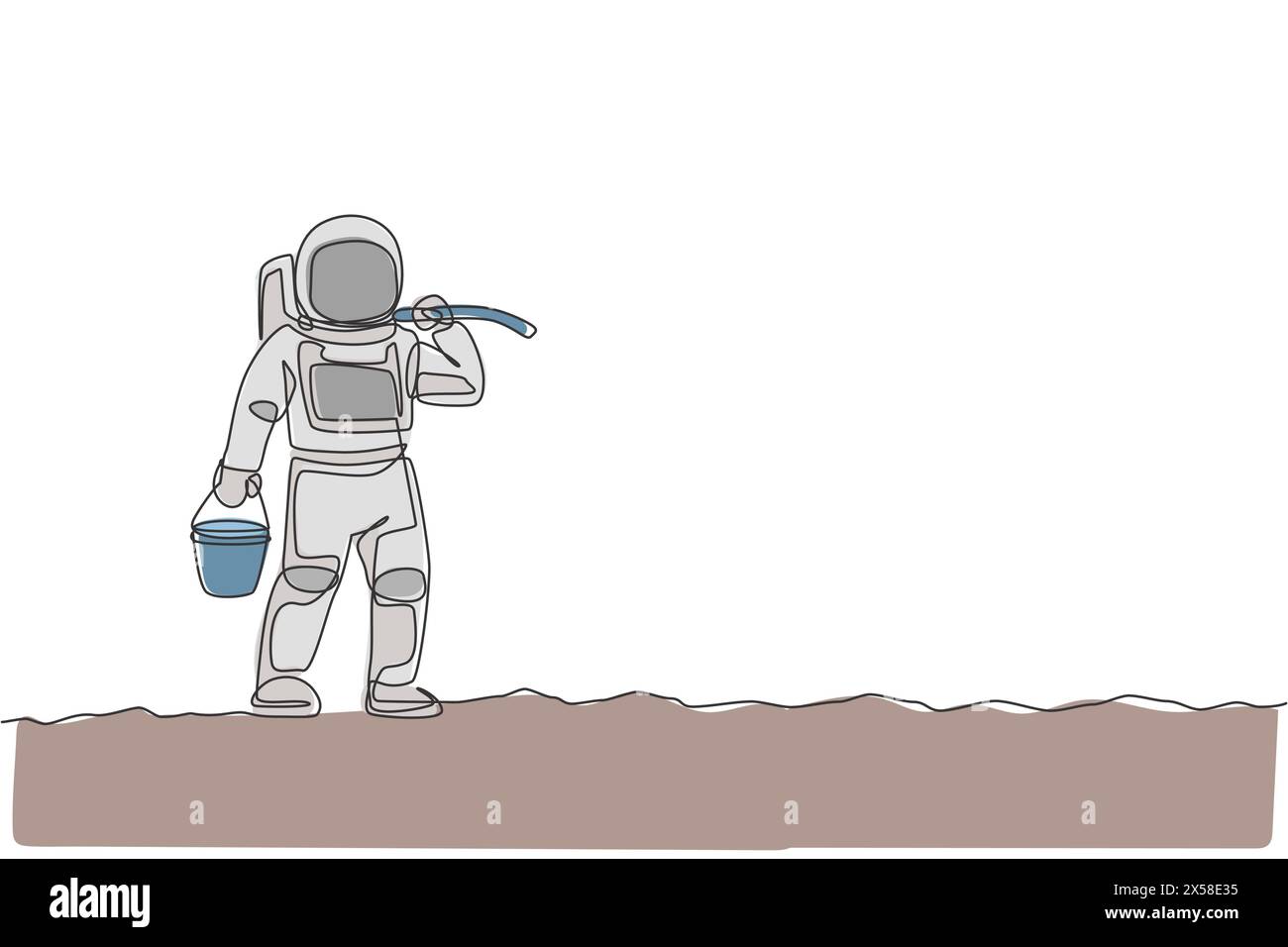 One continuous line drawing of spaceman carrying bucket and hoe on ...