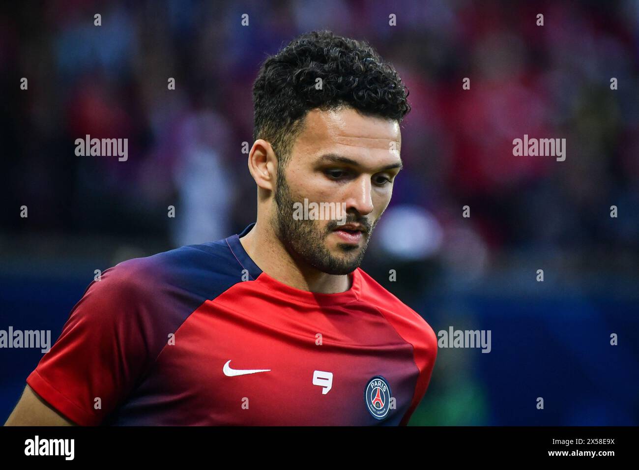 Paris Saint-Germain's forward Goncalo Ramos warms up before the UEFA ...