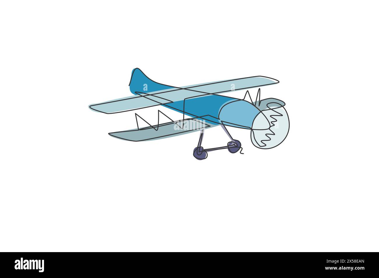 Single continuous line drawing of retro biplane flying on the sky ...