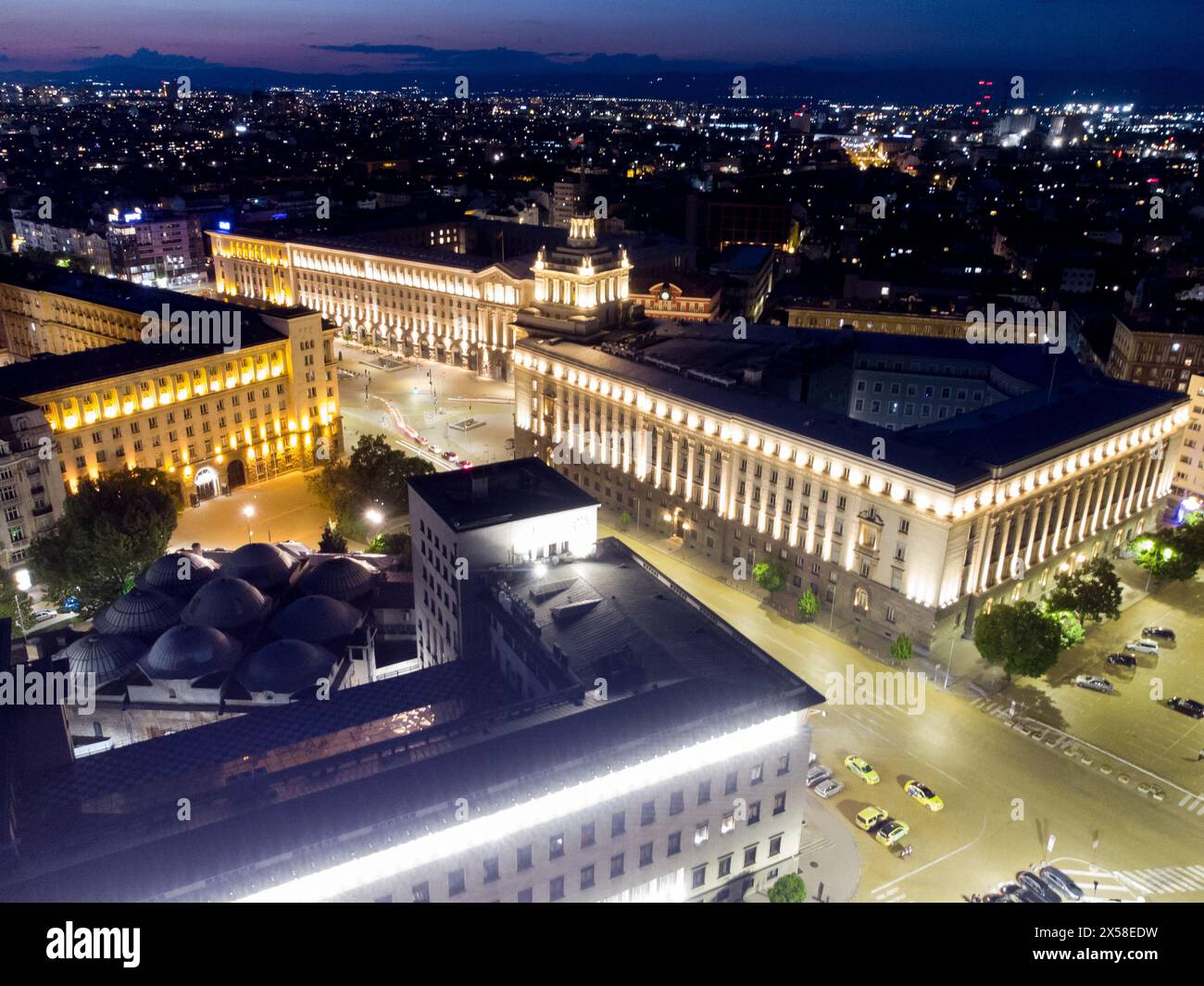 Night drone view over the downtown of capital of Bulgaria - Sofia Stock ...