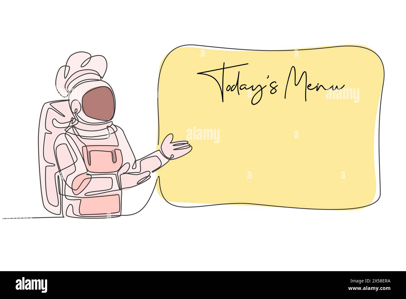 One single line drawing of young astronaut chef showing today's menu ...