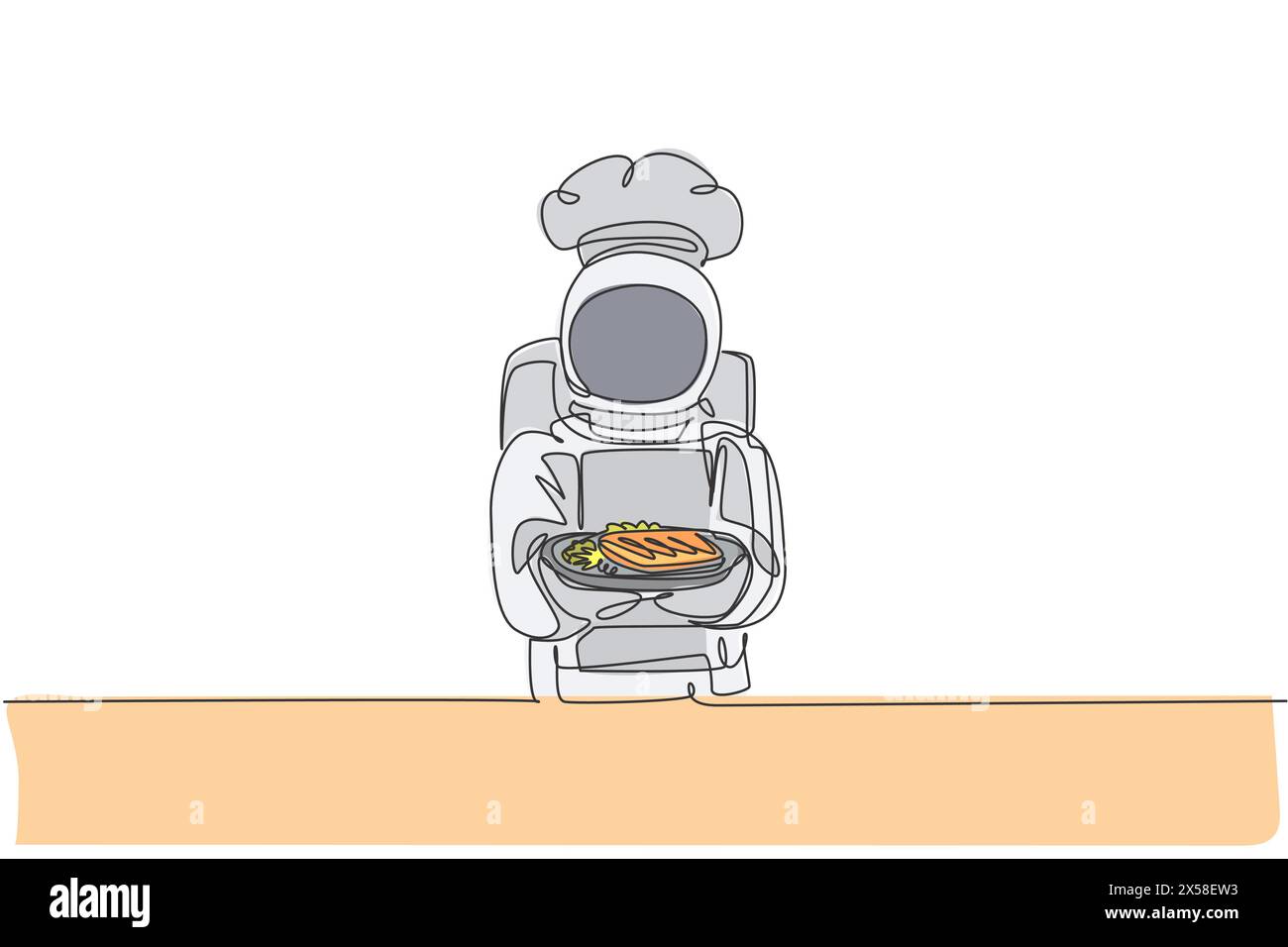 One single line drawing of young astronaut chef serving healthy steak ...