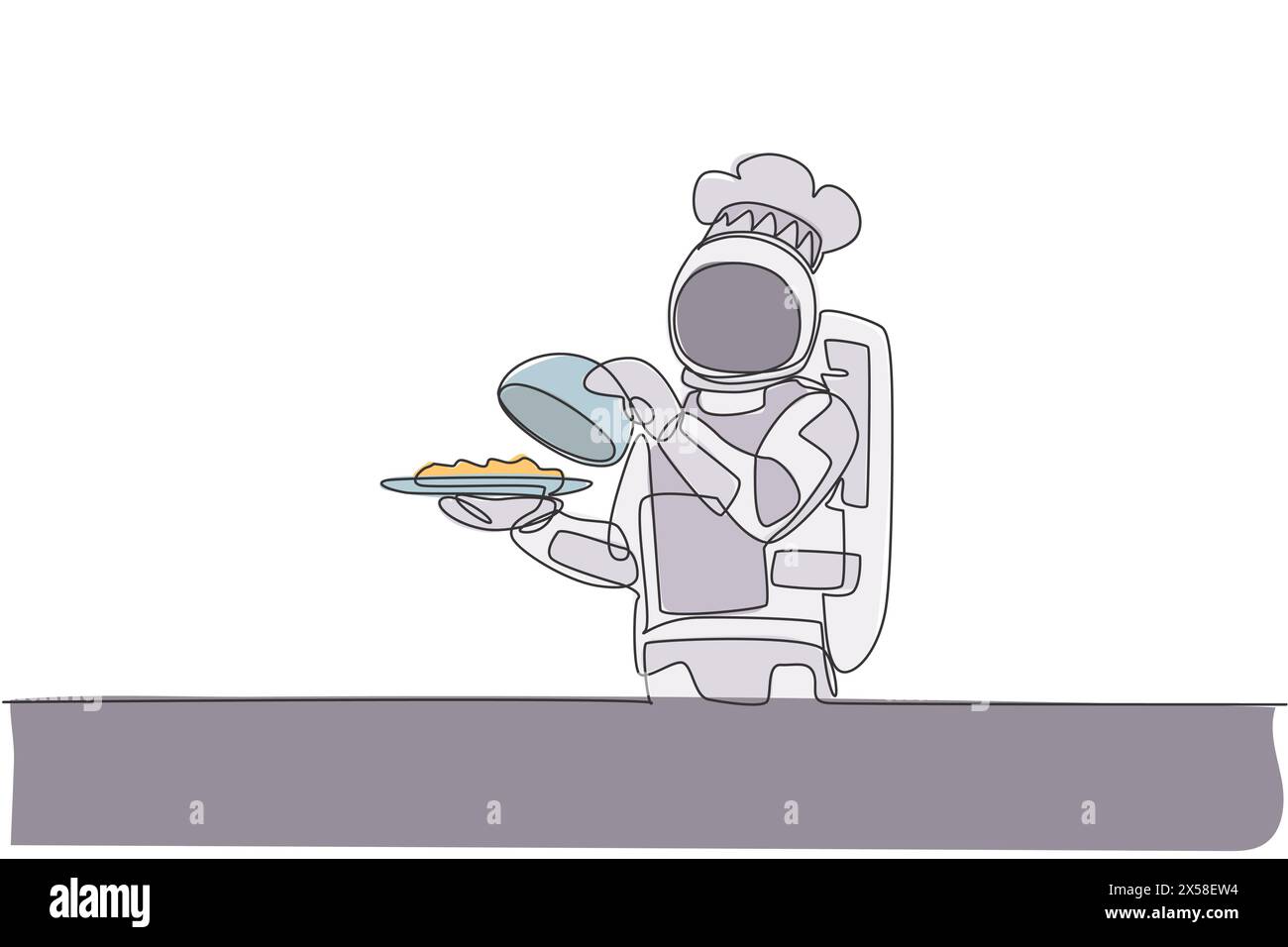 Single continuous line drawing astronaut chef serving delicious food ...